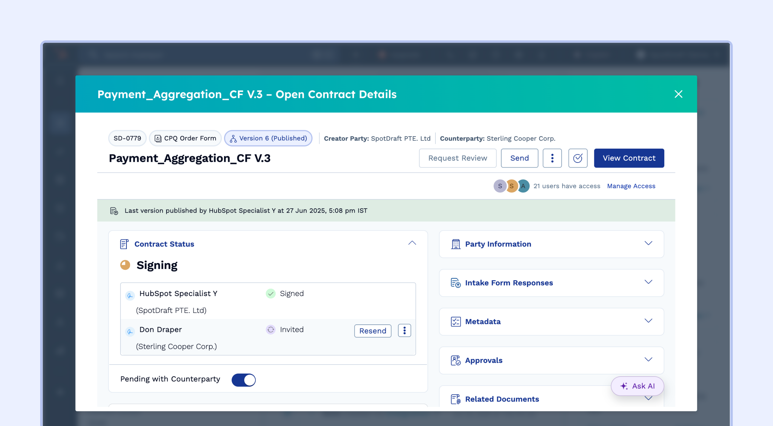 Key features of SpotDraft's Hubspot integration – SpotDraft